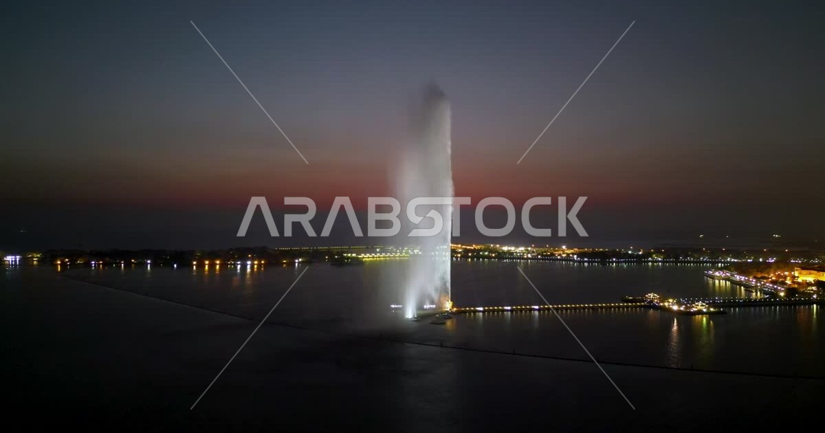 Jeddah’s waterfront on the Red Sea coast, a view of the illuminated ...