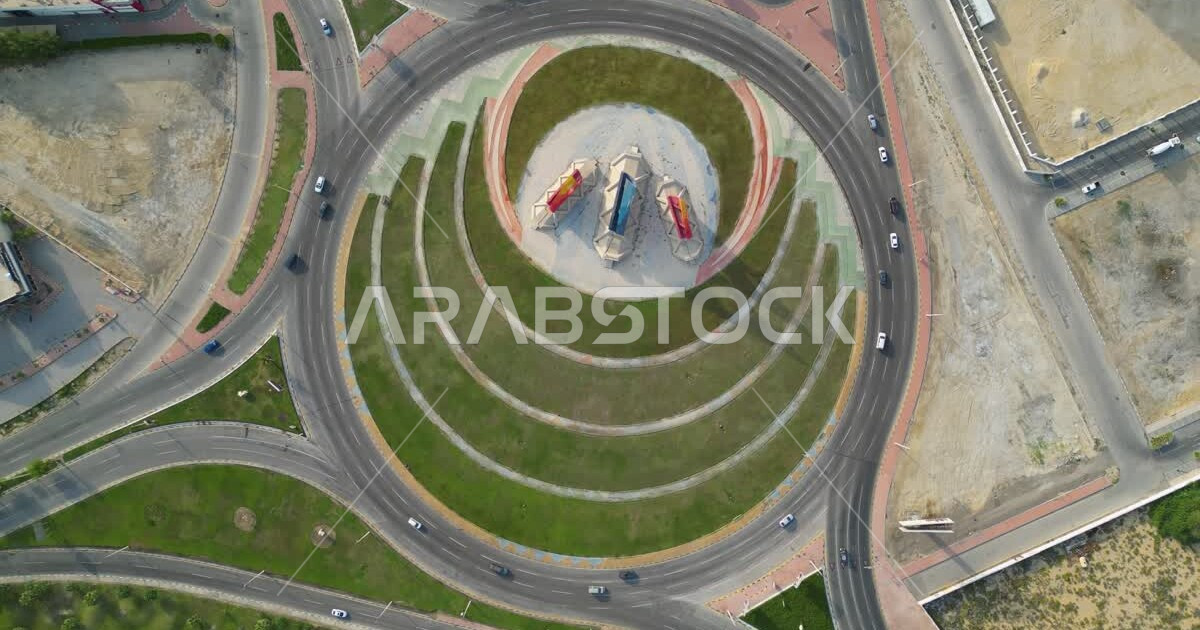Vertical aerial drone photography of traffic around the Sails ...