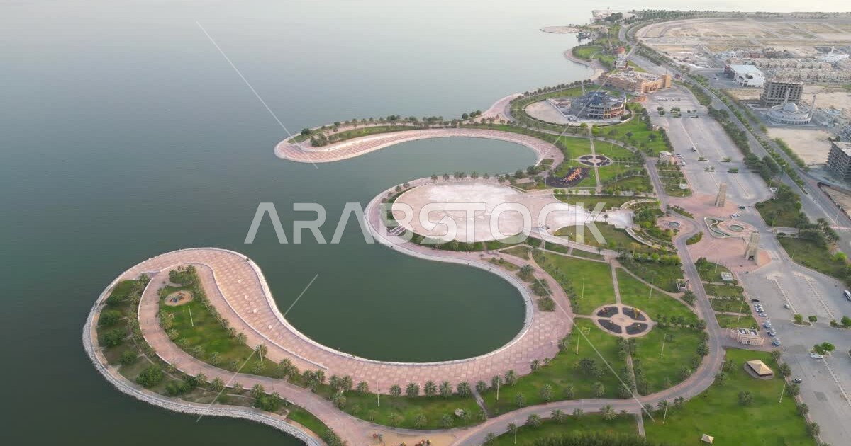 Aerial drone photography of the waterfront on the coast of the Arabian ...