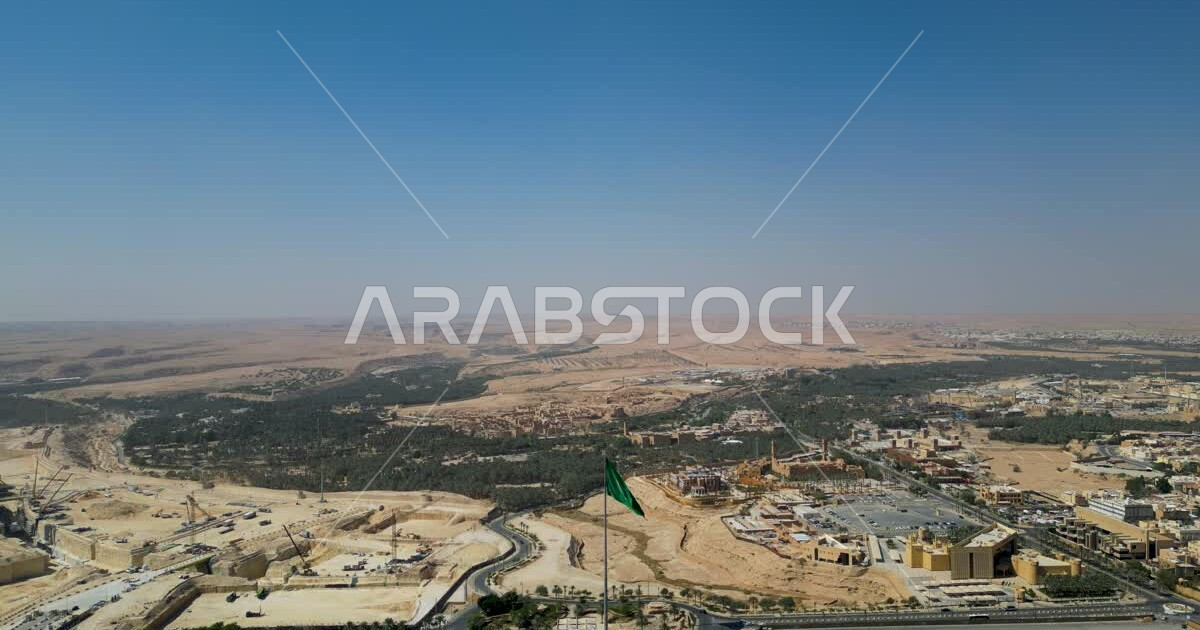 Aerial drone photography of the tallest flagpole in the city of Riyadh ...