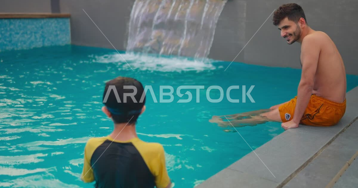 Enjoying the summer vacation with the family, swimming in the water ...