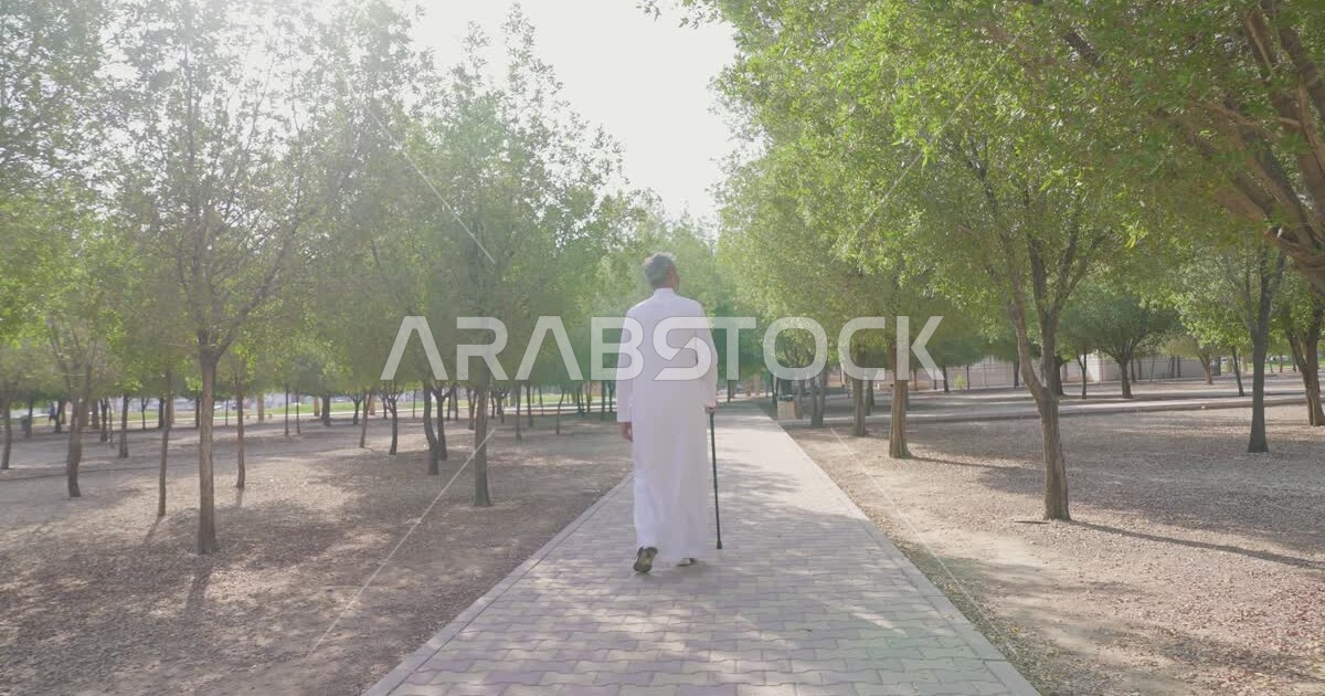 Hiking and walking in parks during the day, an old Saudi Gulf Arab man ...