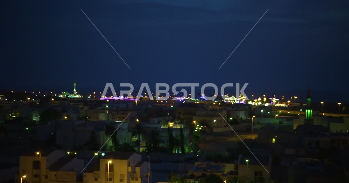 The city of Jeddah illuminated at night from above, the Bride of the ...