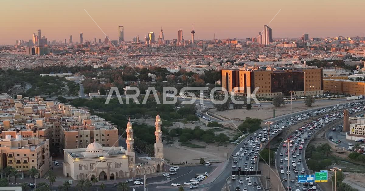 Residential buildings and towers, traffic congestion on the public road ...