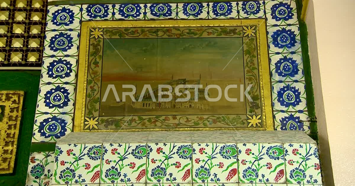 A close-up of a rare and old picture of the Holy Kaaba above the ...