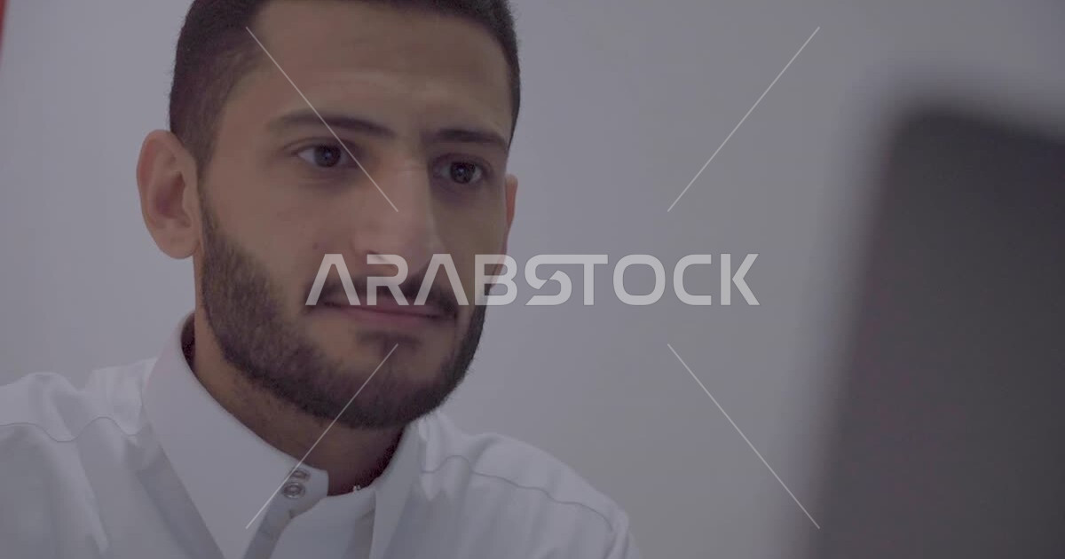 The concept of remote work, expressions and gestures of concentration ...