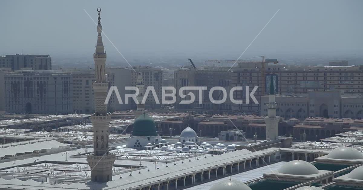 The skyline of the Prophet’s Mosque in Medina, Islamic religious ...