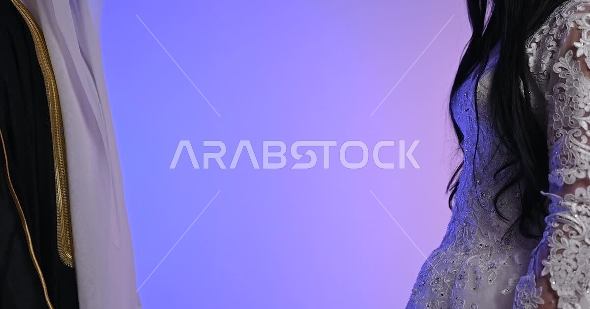 A Saudi bride wearing a white dress, a close-up of a Saudi Gulf Arab ...