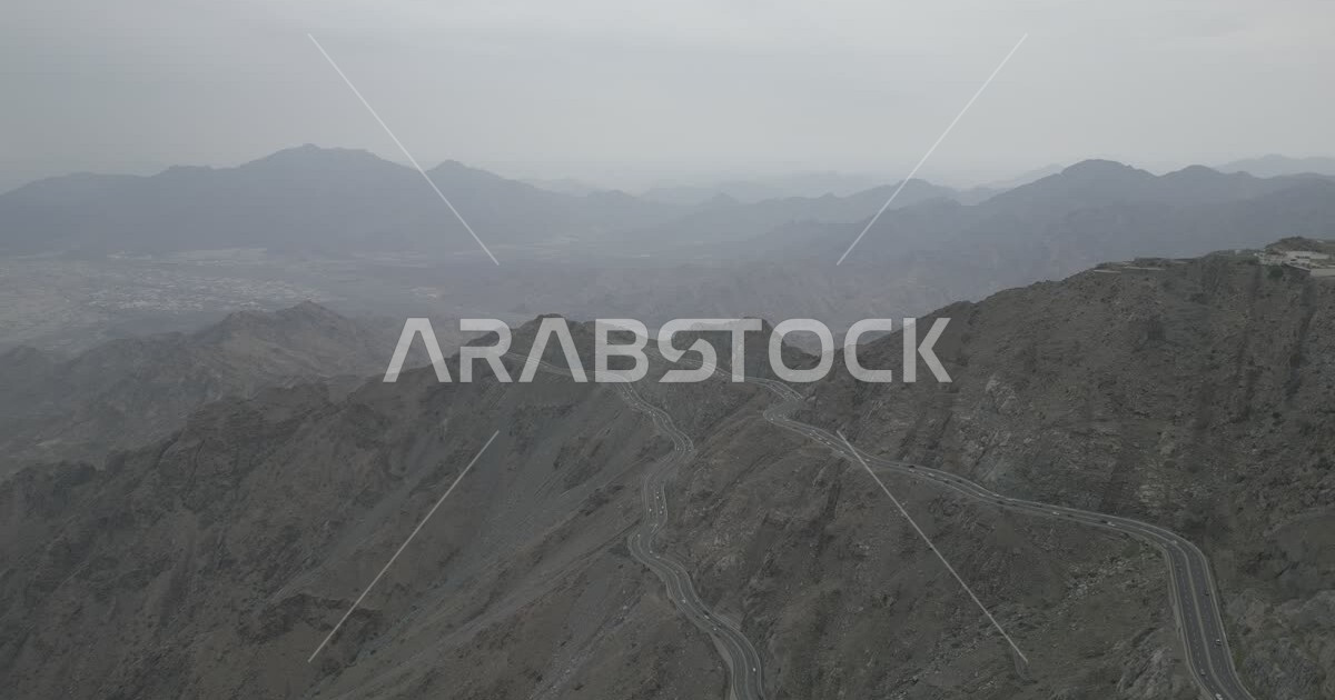 Aerial drone photography of the Aqabat al-Hada area in Taif, foggy ...