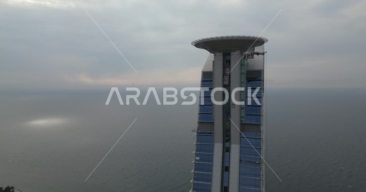 Close-up of architectural art of the Corniche Tower building in Jeddah ...