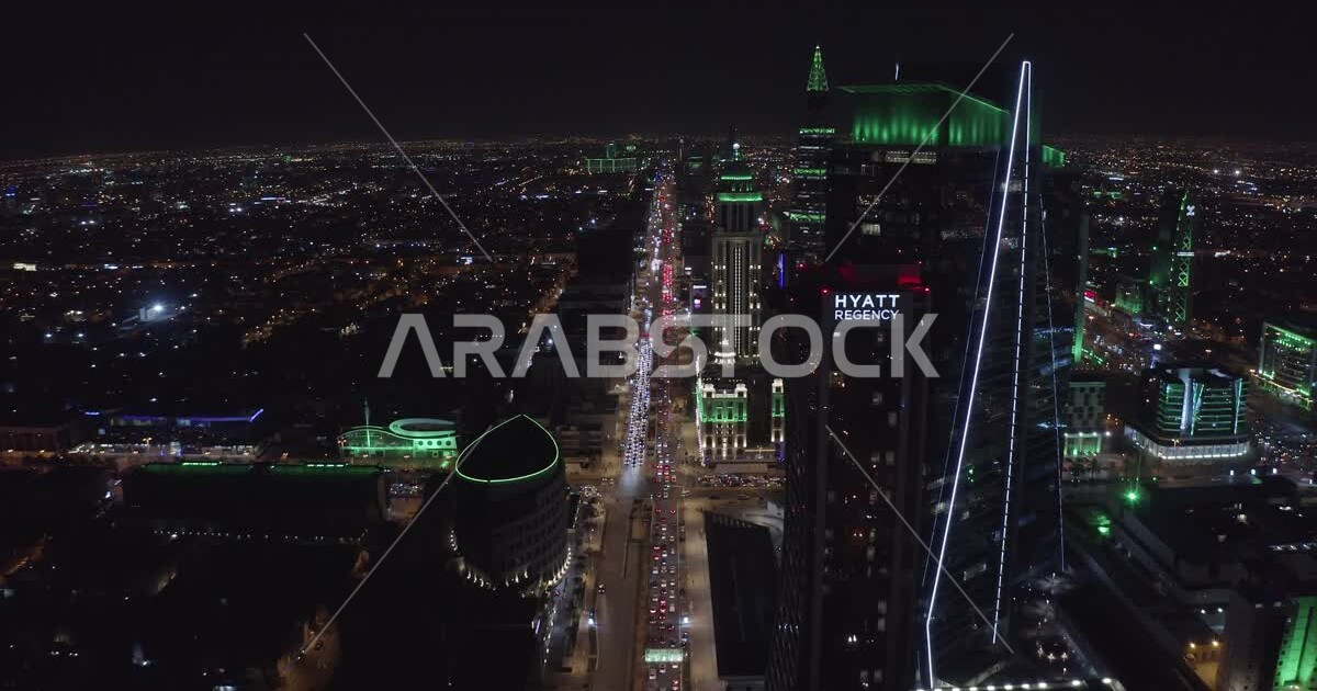 Aerial drone photography of traffic at night, Olaya Towers on King Fahd ...
