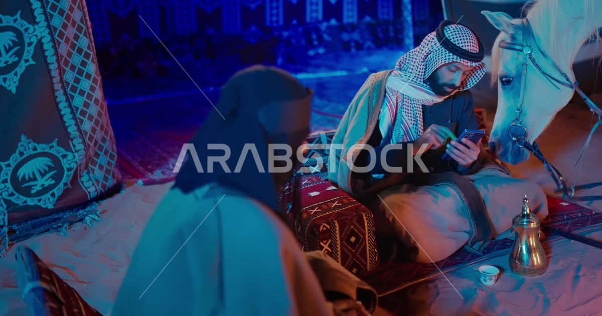 A camping session in the winter atmosphere in the Saudi desert, a Saudi ...