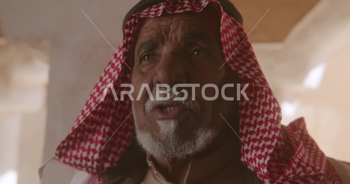 A close-up depiction of an elderly Saudi Gulf Arab man wearing a ...