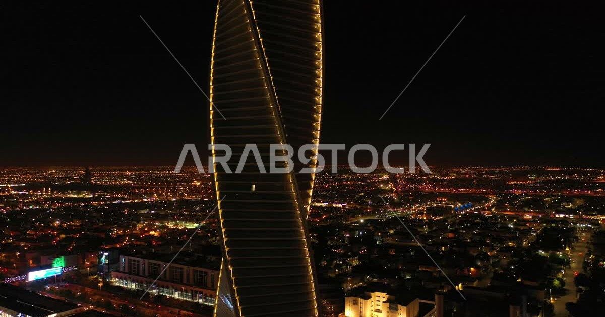 Aerial drone photography of the illuminated Majdool Tower at night ...