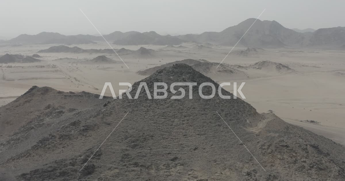 Foggy skies in the desert areas of the Kingdom of Saudi Arabia, drone ...
