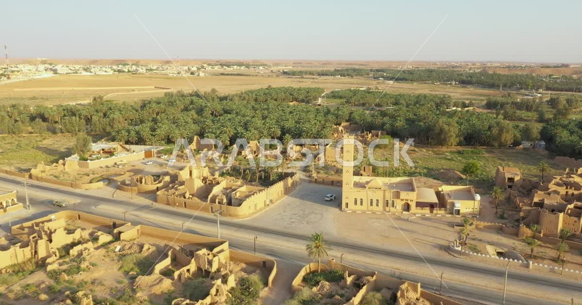 Asphalt roads and streets, the desert landscape in Saudi Arabia, trees ...