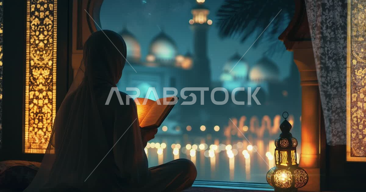 Sitting in front of a glass facade overlooking a mosque lit at night ...