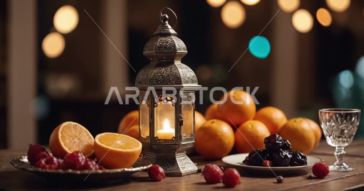 A luminous traditional metal lantern with healthy orange pieces and ...