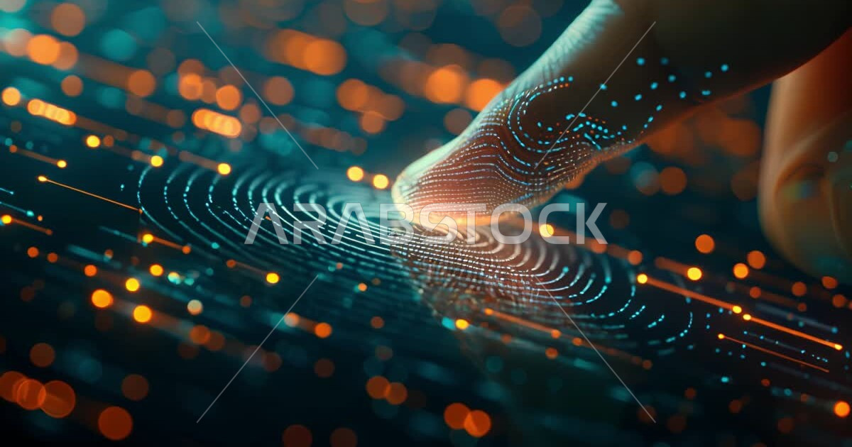 A luminous fingerprint sign and a spider web through the 3D hologram ...