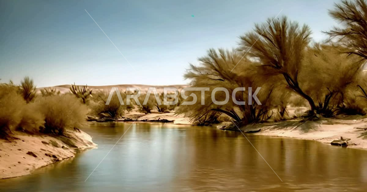 A lake in the middle of the desert surrounded by trees, water flowing ...
