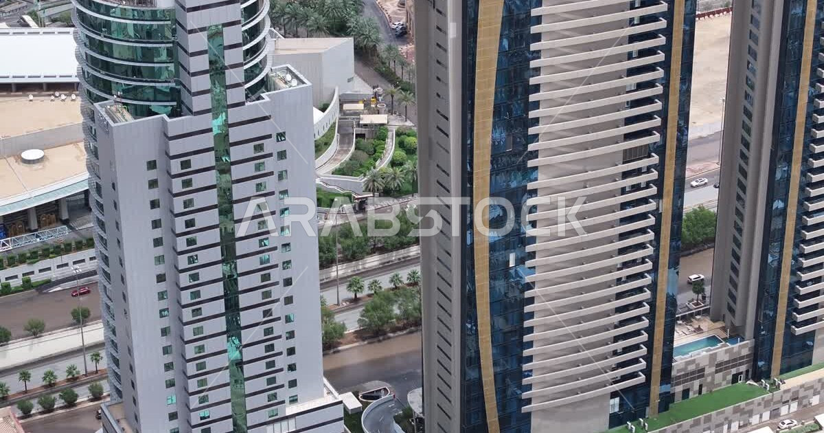 Car traffic on roads and streets, drone photography of towers and ...