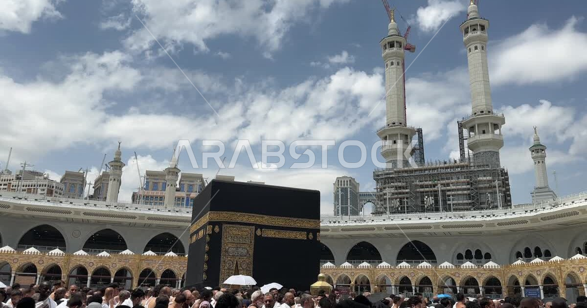 Muslim pilgrims circumambulate around the Holy Kaaba in Mecca, drone ...