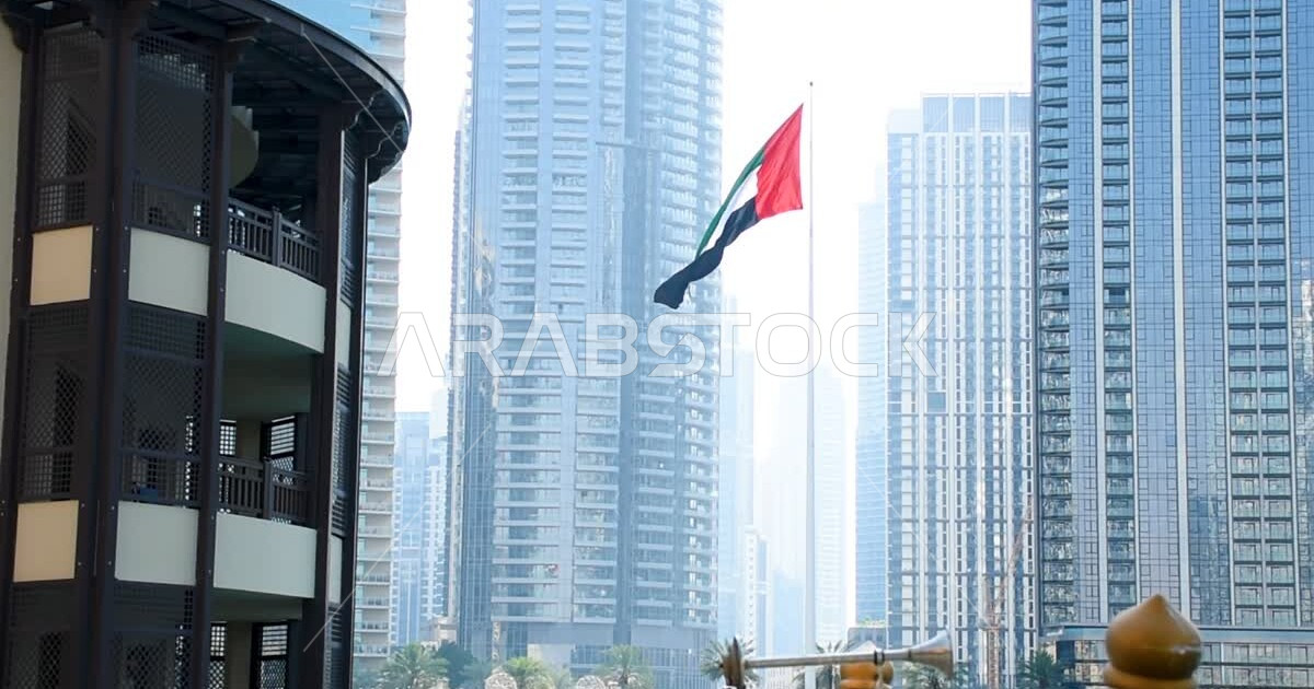Celebrating the UAE National Day, a close-up of the UAE flag fluttering ...