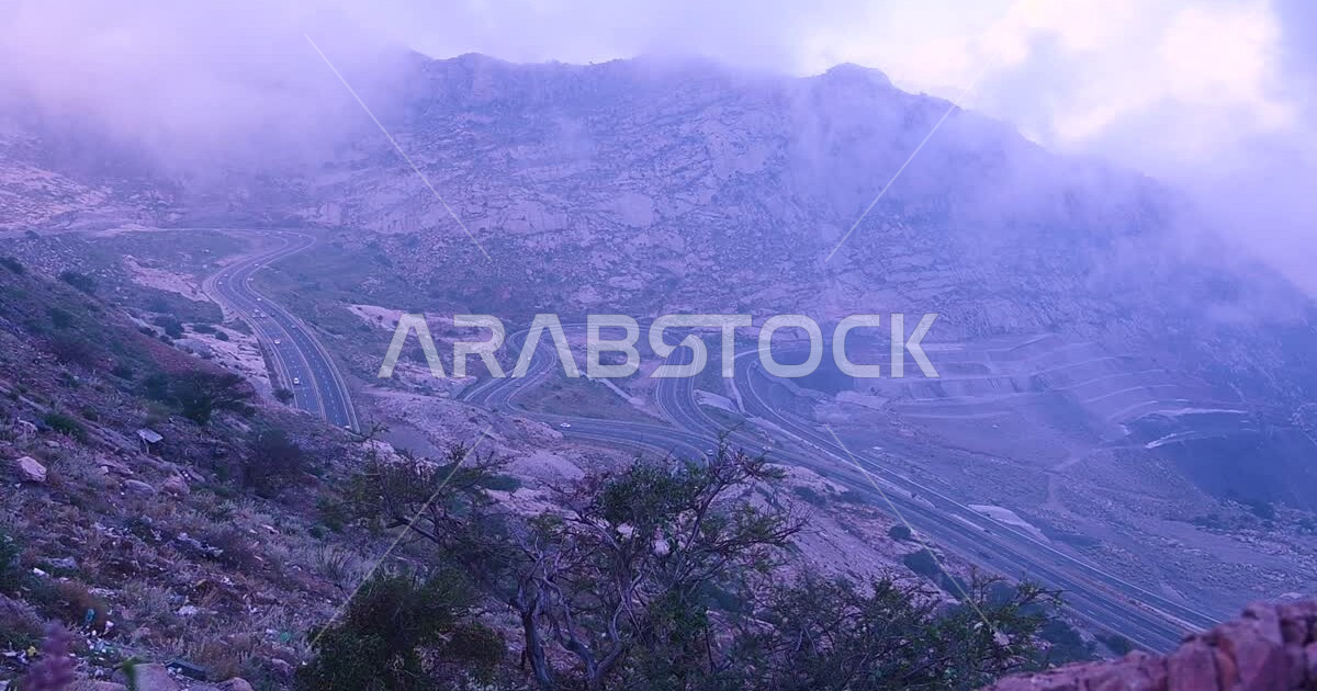 Foggy skies above the peaks and highlands, famous tourist places in ...