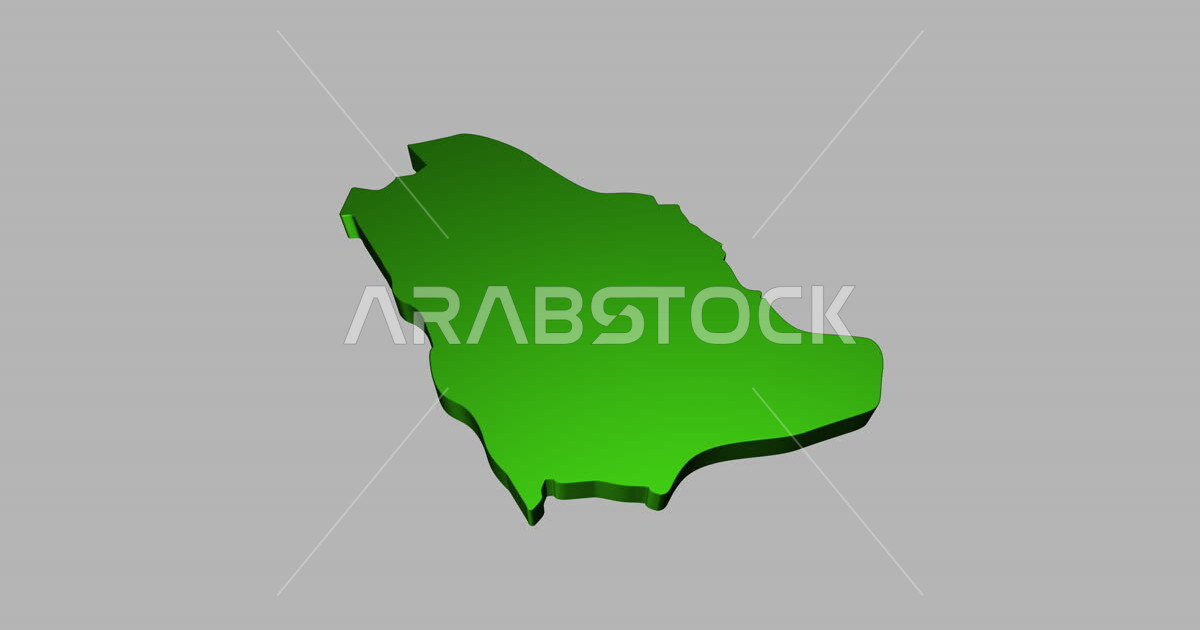 3D graphics of the map of Saudi Arabia in green with pins on the ...