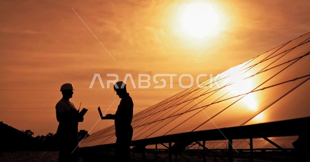 Renewable energy systems in Saudi Arabia, silhouettes of two Saudi ...