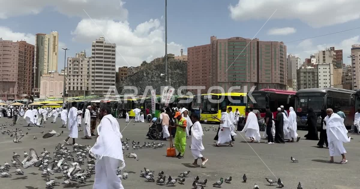 Bus stop for pilgrims to the House of God in the outer courtyard of the ...