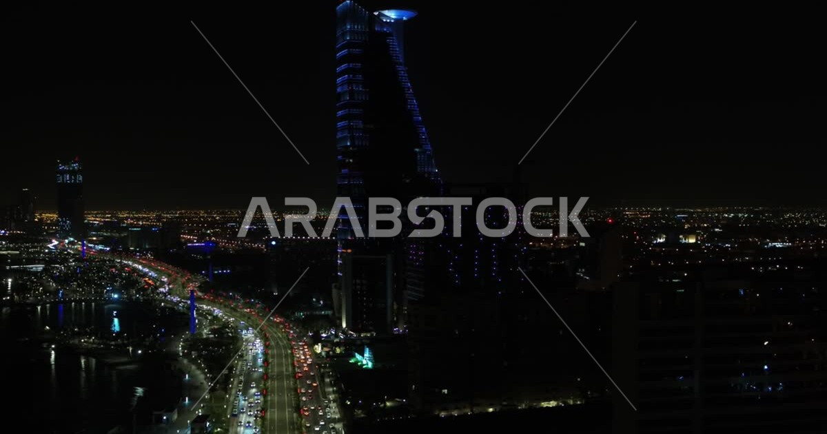 Traffic on illuminated roads and streets at night, architectural art of ...