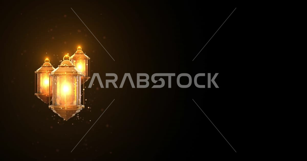 Spiritual Ramadan atmosphere, hanging lit traditional metal lanterns ...