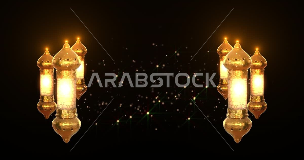 Traditional illuminated hanging metal lanterns, geometric art in the ...