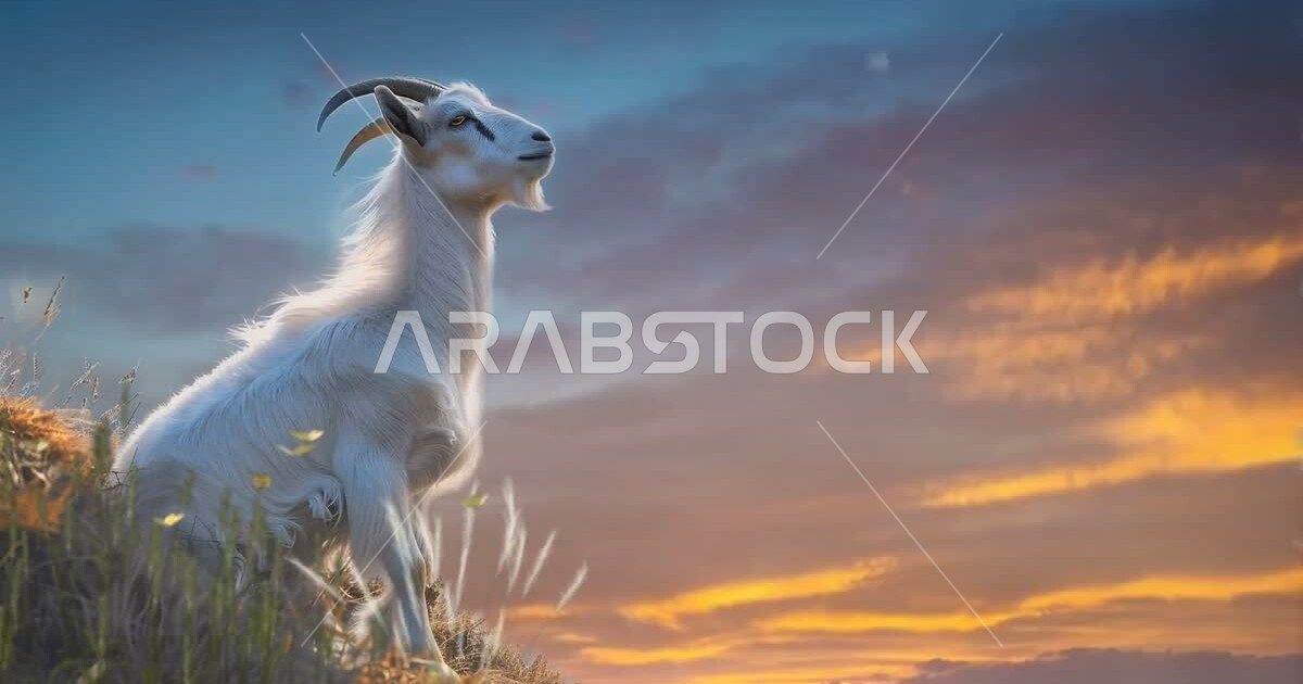 A goat raises its head to the sky at sunset, Islamic religious ...
