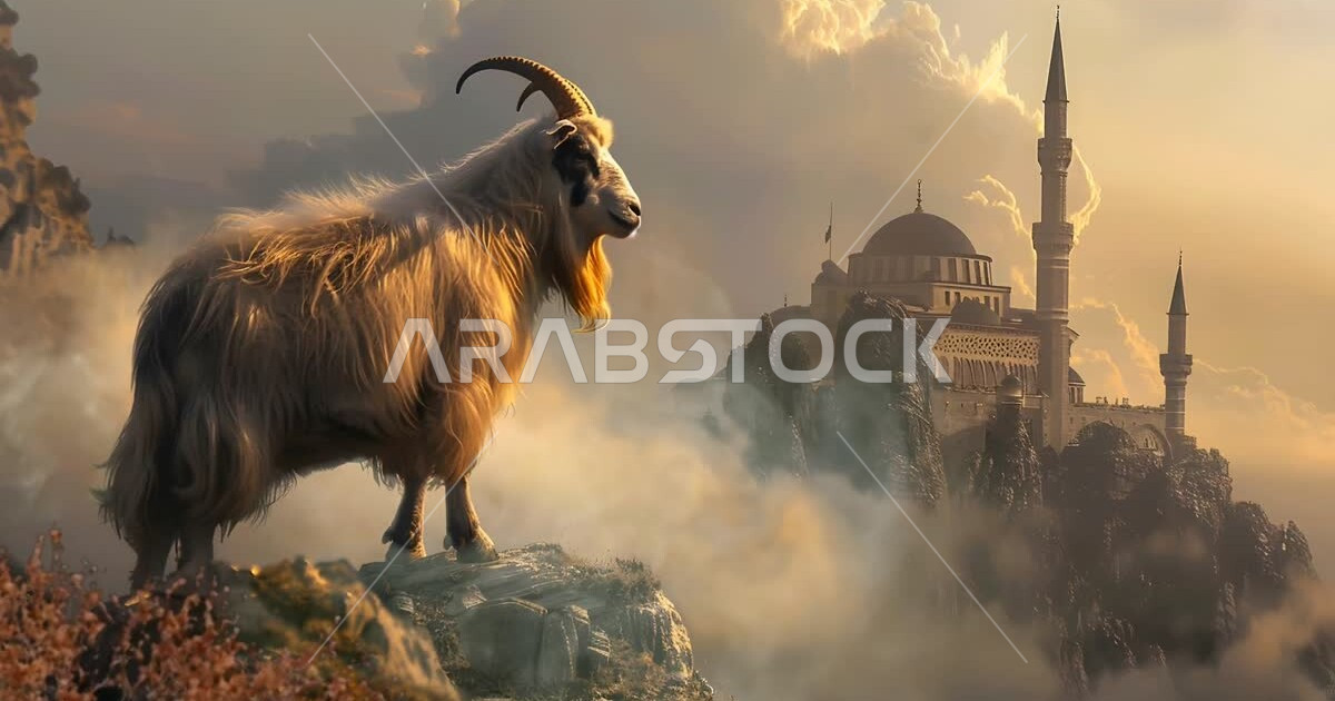 A goat raises its head to the sky at sunset, Islamic religious ...