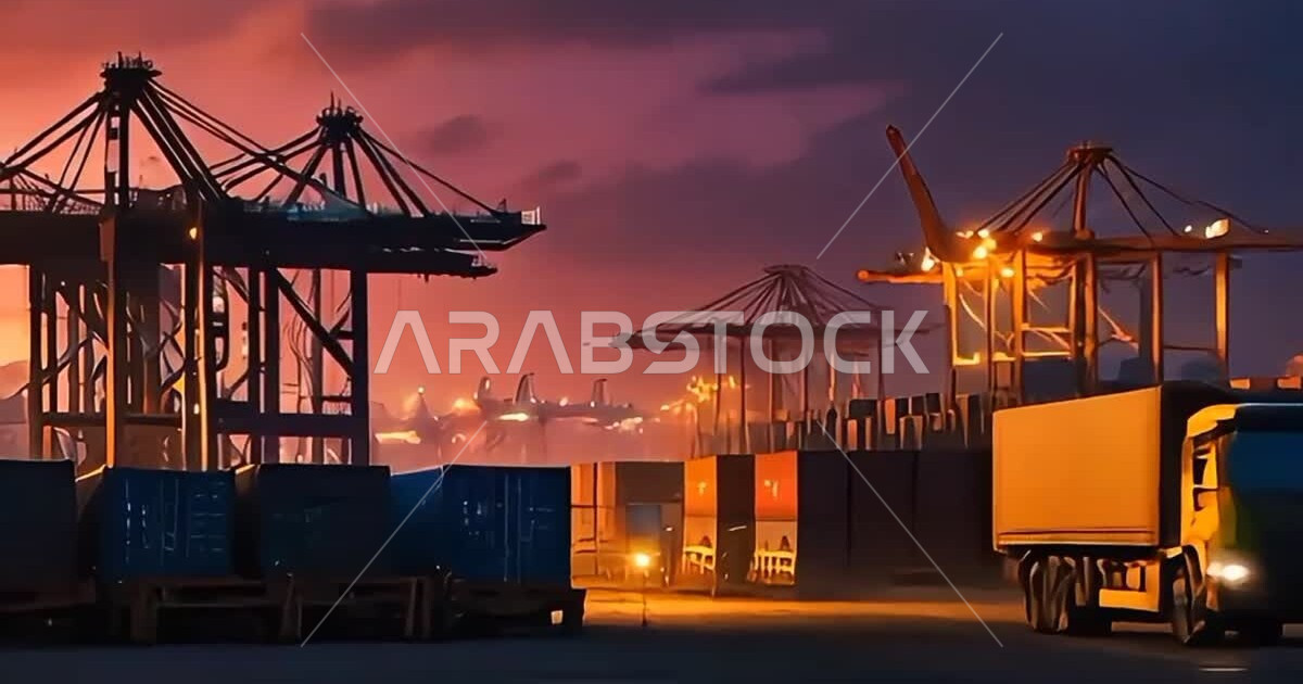 Truck and containers for transporting goods, drone photography of ...