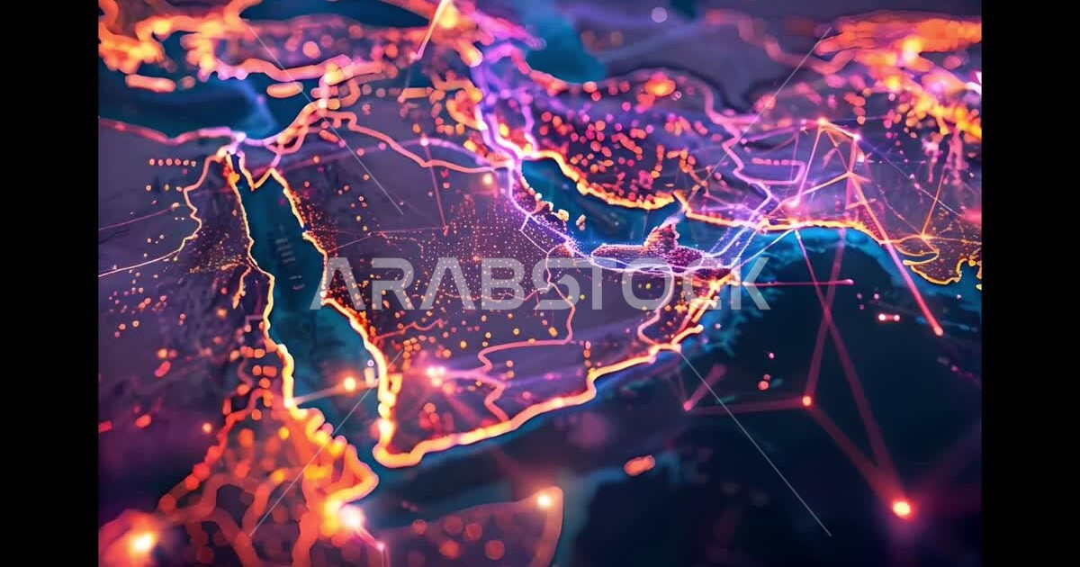 Saudi future vision 2030, 3D holographic drawings of the map of the ...