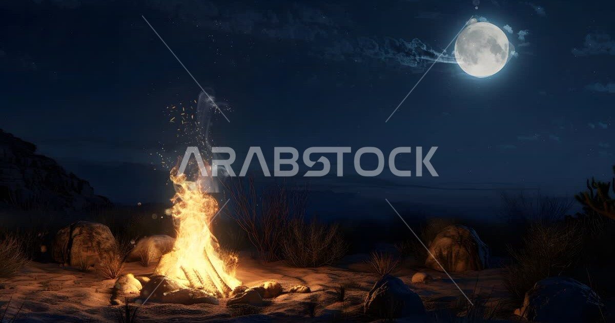 A flame of firewood in desert areas at night time, burning tree wood in ...