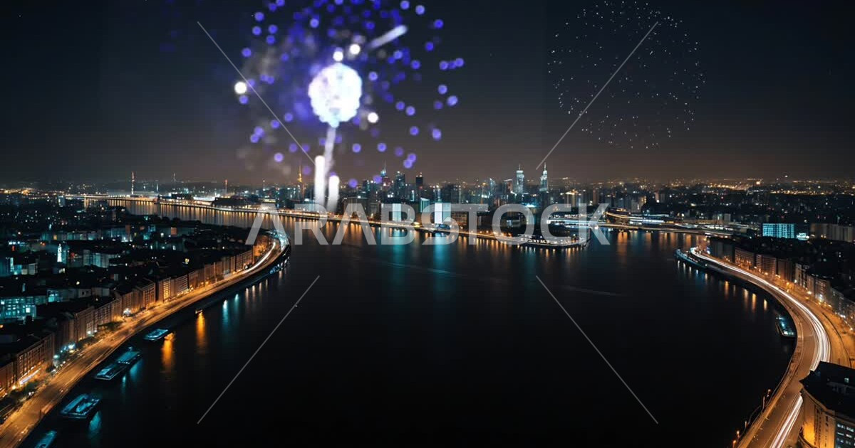 Colorful fireworks view in the sky in the city sky at night ...
