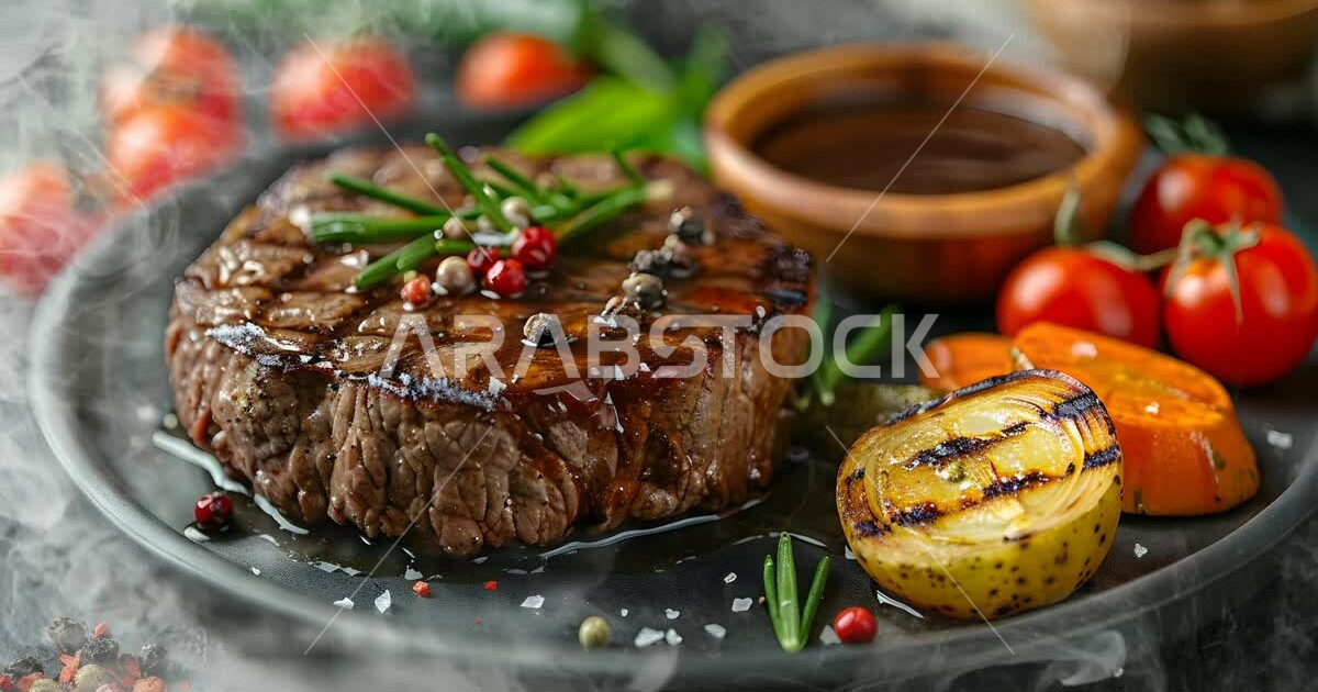 Oriental recipes, fast food, close-up of grilled steak, food ...