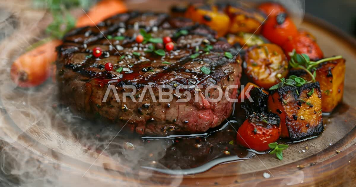 Oriental recipes, fast food, close-up of grilled steak, food ...