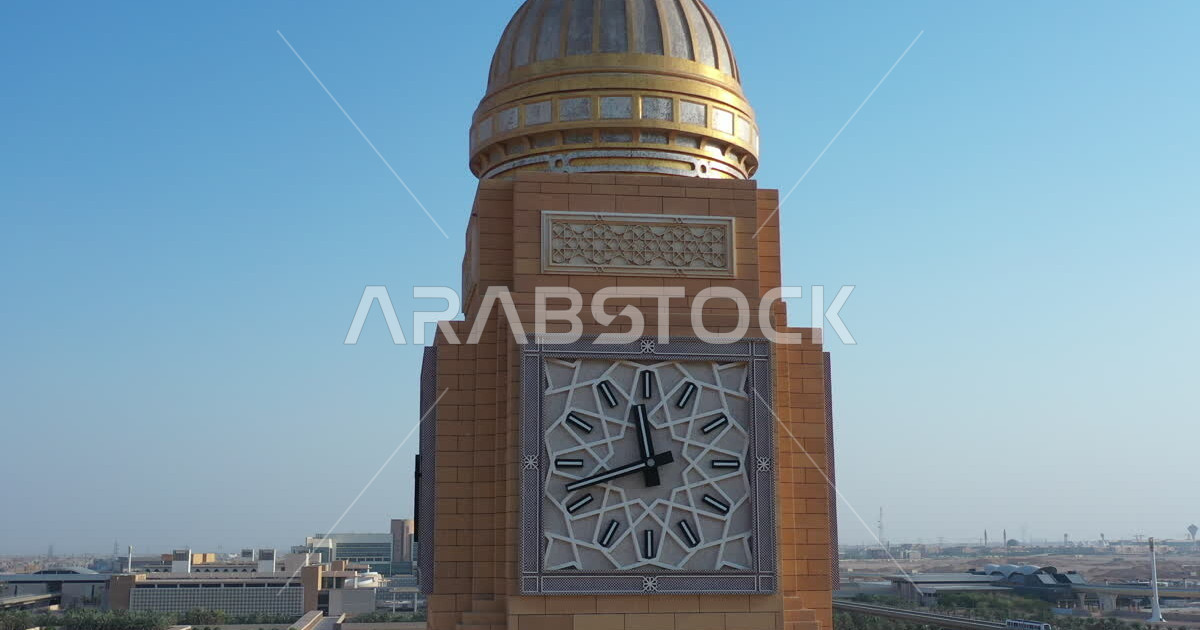 Drone photography of the clock tower at Princess Noura Bint Abdul ...