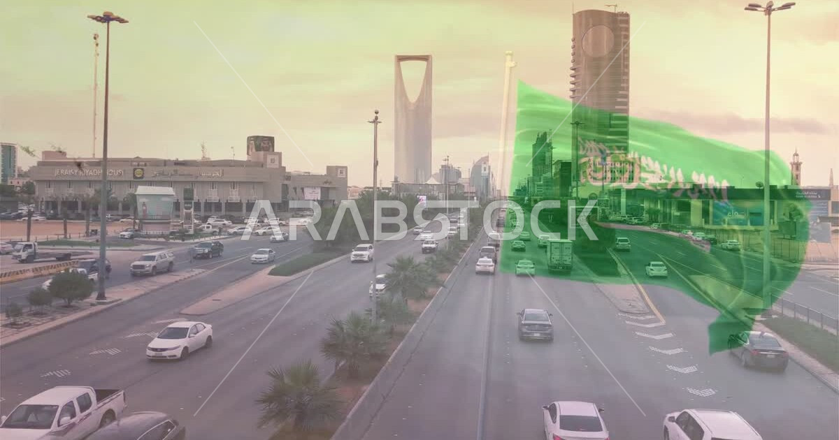 Aerial photography of car traffic on the highway in the city of Riyadh ...