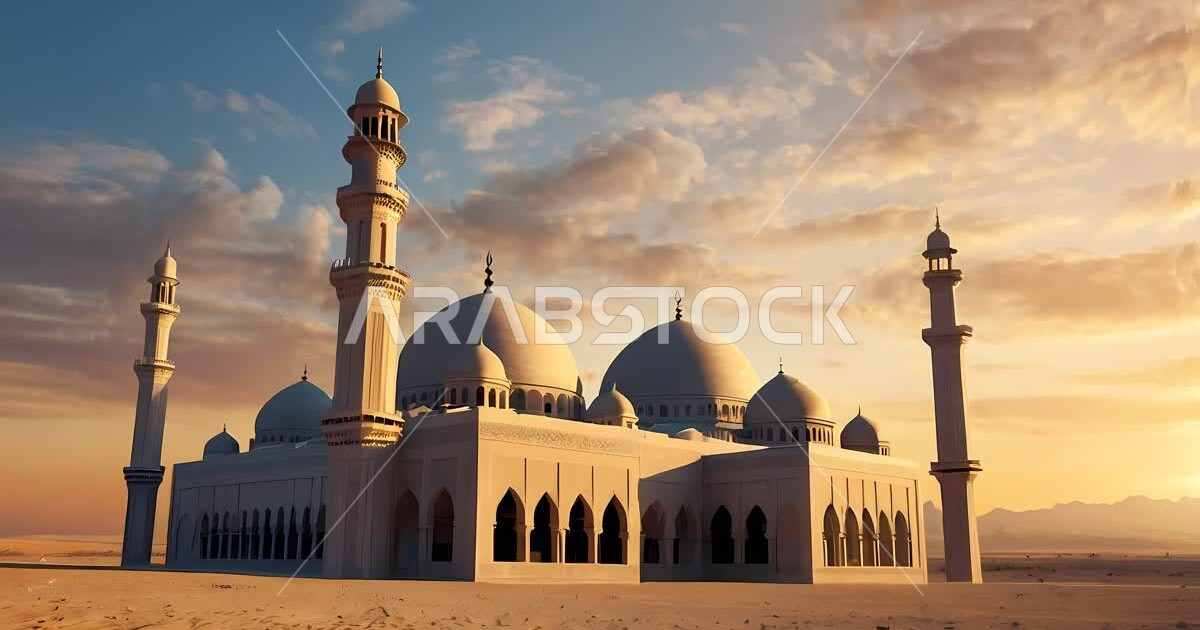 A luxurious Arab mosque in the middle of the soft golden sand in the ...