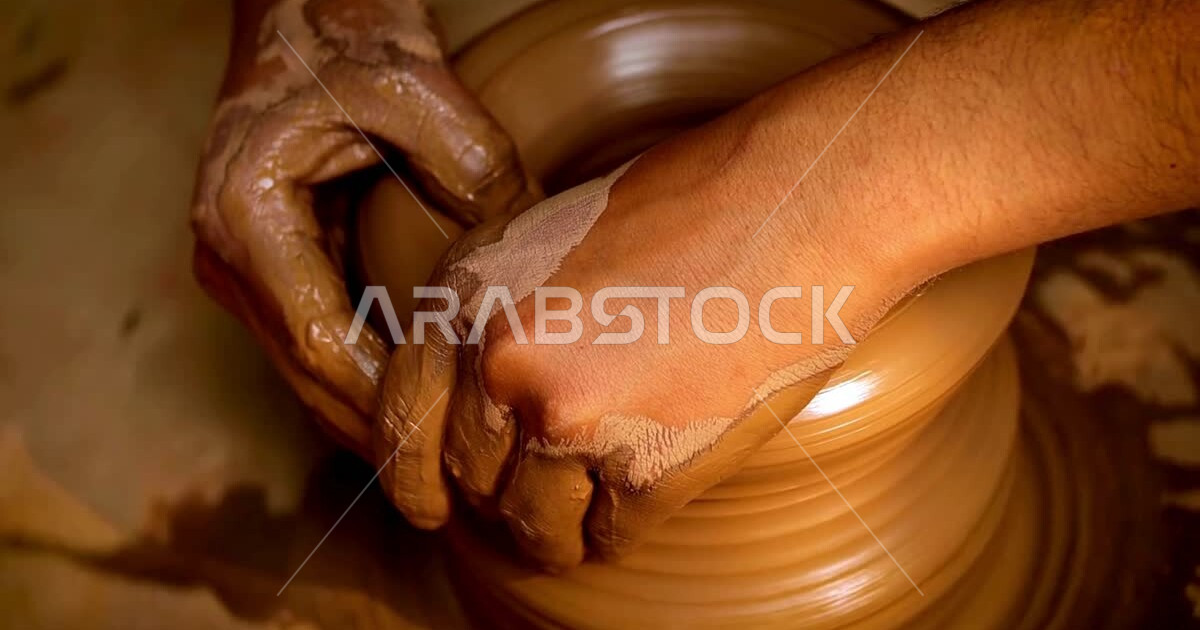 Crafts and handicrafts, close-up of hands of a Saudi Arabian Gulf man ...