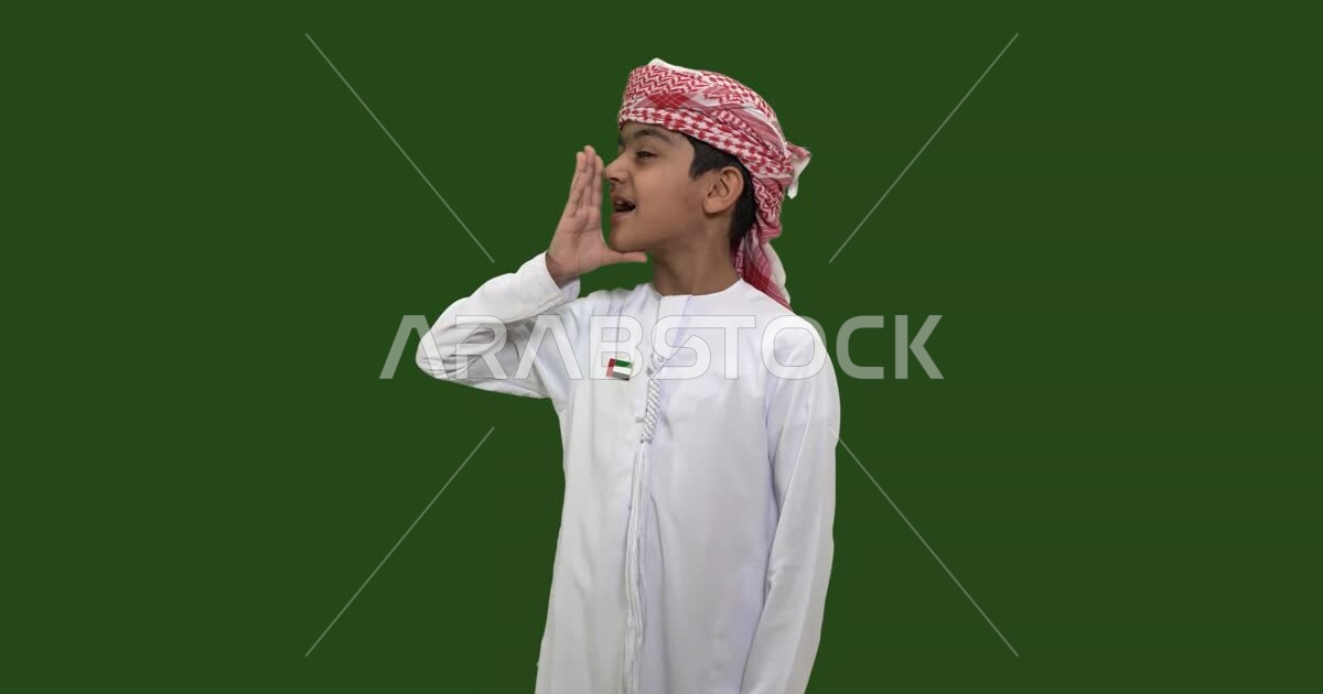 Speech, calling, speaking loudly, an Arab Gulf Emirati boy wearing the ...