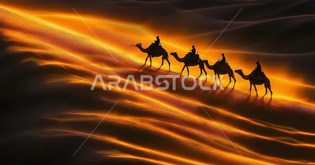 Saudi Arabian Gulf men riding camels in the middle of the desert ...