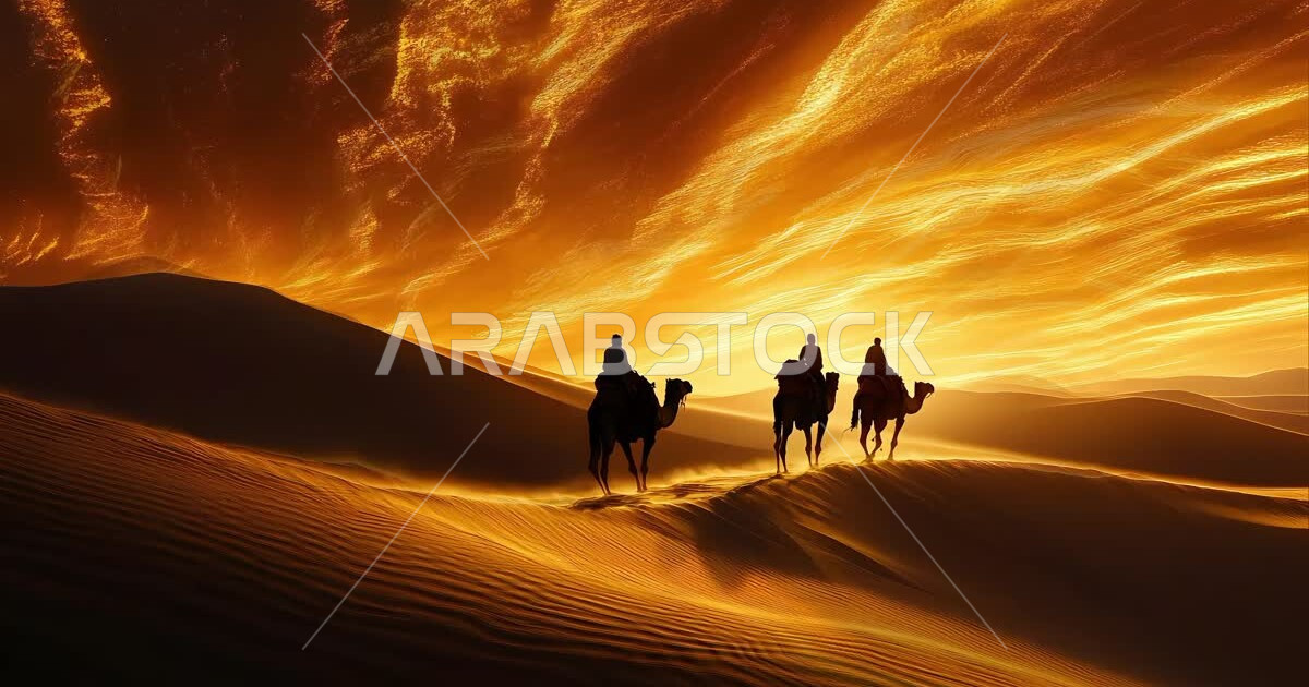 Saudi Arabian Gulf men riding camels in the middle of the desert ...