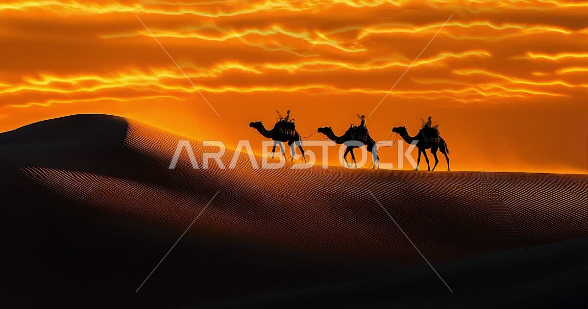 Saudi Arabian Gulf men riding camels in the middle of the desert ...